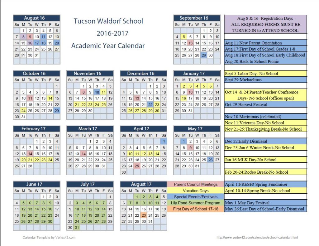 2016 2017 Calendar screen shot - Tucson Waldorf School